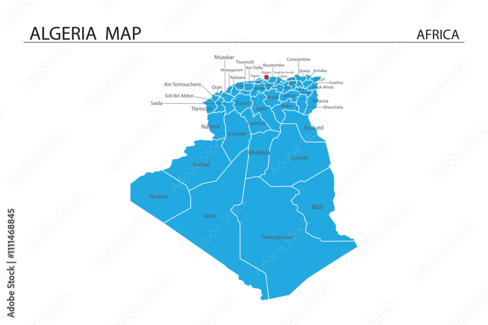 Algeria map on white background. Map have all province and mark the ...