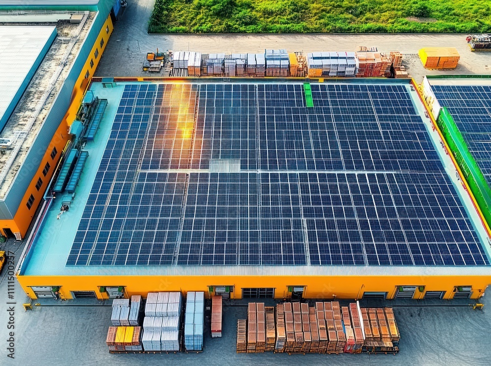 Eco-friendly Solar Powered Warehouse with Freight Trucks at Loading ...