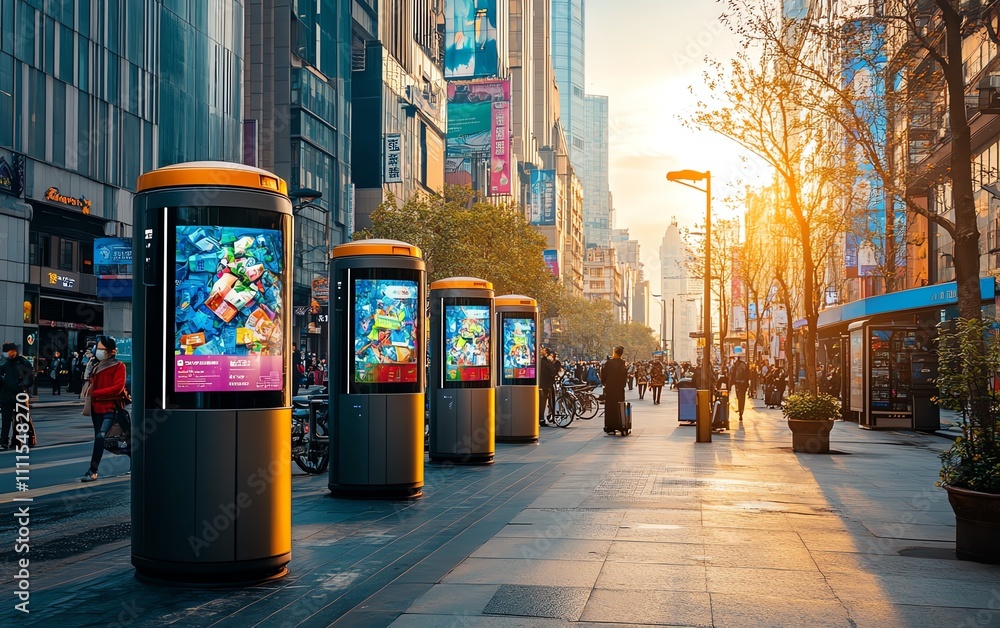 Futuristic smart bins with digital screens and sensors, located along a ...