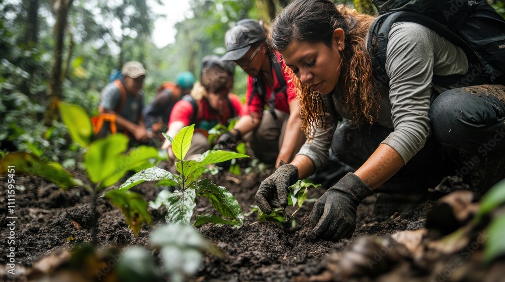 Group of eco-tourists planting trees in collaboration with an ...