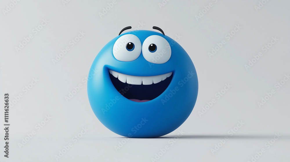 3D cartoon, a happy blue ball character with a smile and white teeth on ...