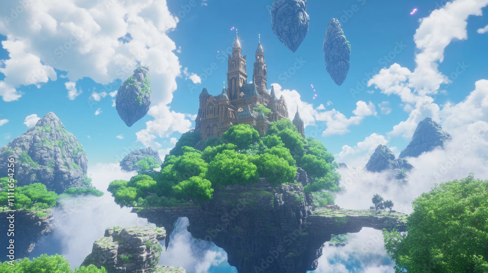 Fantasy castle on floating island in sky cartoon landscape. Magic ...