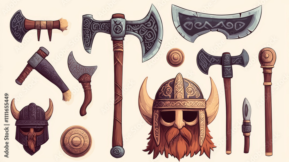 Viking helmet, nordic weapons and bugle horn for game ui design. Vector ...