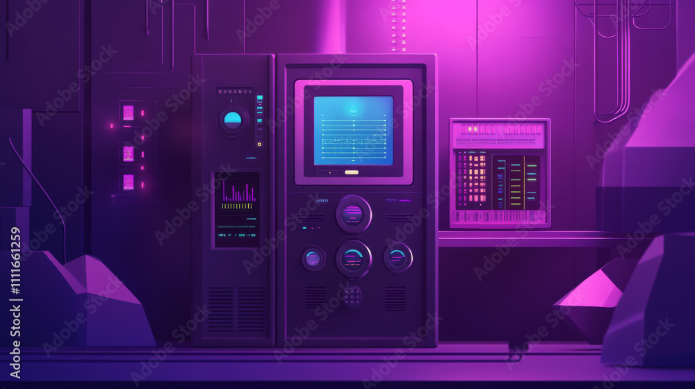 Purple server room equipment illustrations with abstract geometric ...