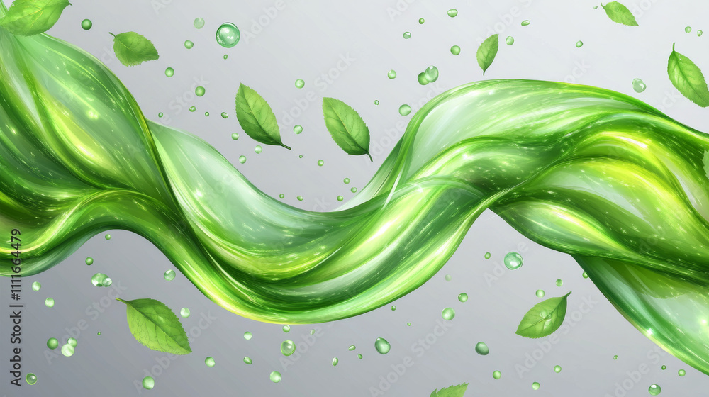 Realistic set of abstract green waves with leaves isolated on ...