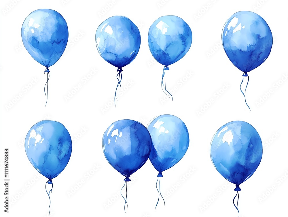 Watercolor illustration of eight blue balloons isolated on white ...