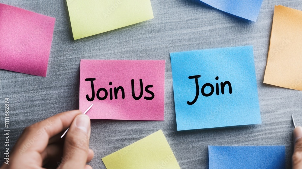 Colorful sticky notes display "Join Us" and "Join," inviting ...