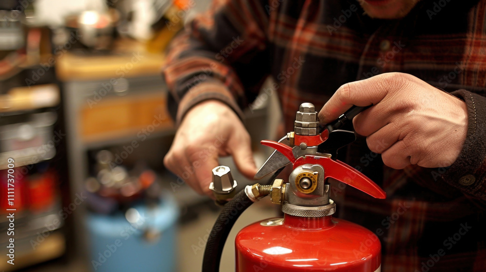 Foto de Stock Fire Extinguisher Check: Ensure readiness by inspecting ...