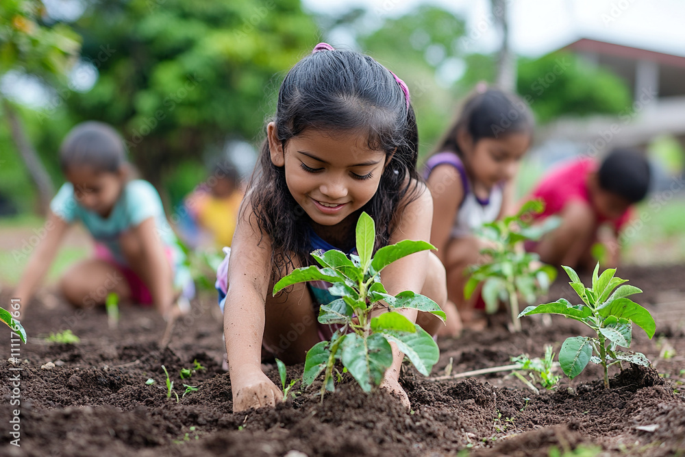 Happy little children planting plants together. Environment ...