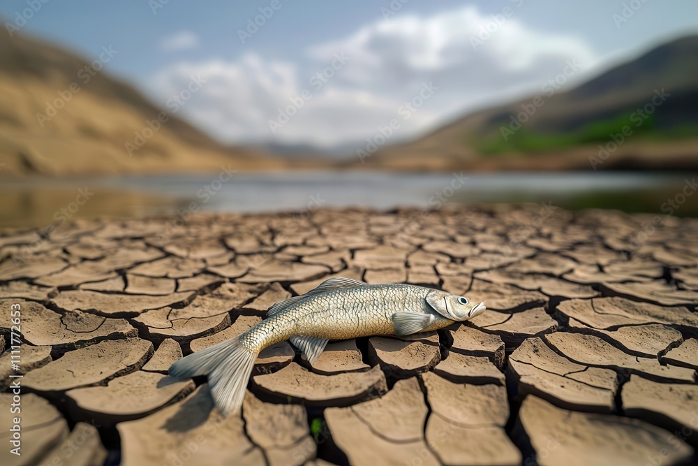 Dying fish in a driedup riverbed, visualizing the environmental impact ...