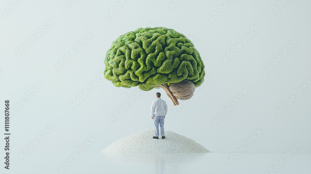 Tiny Man Under a Giant Brain: A miniature figure stands beneath an ...