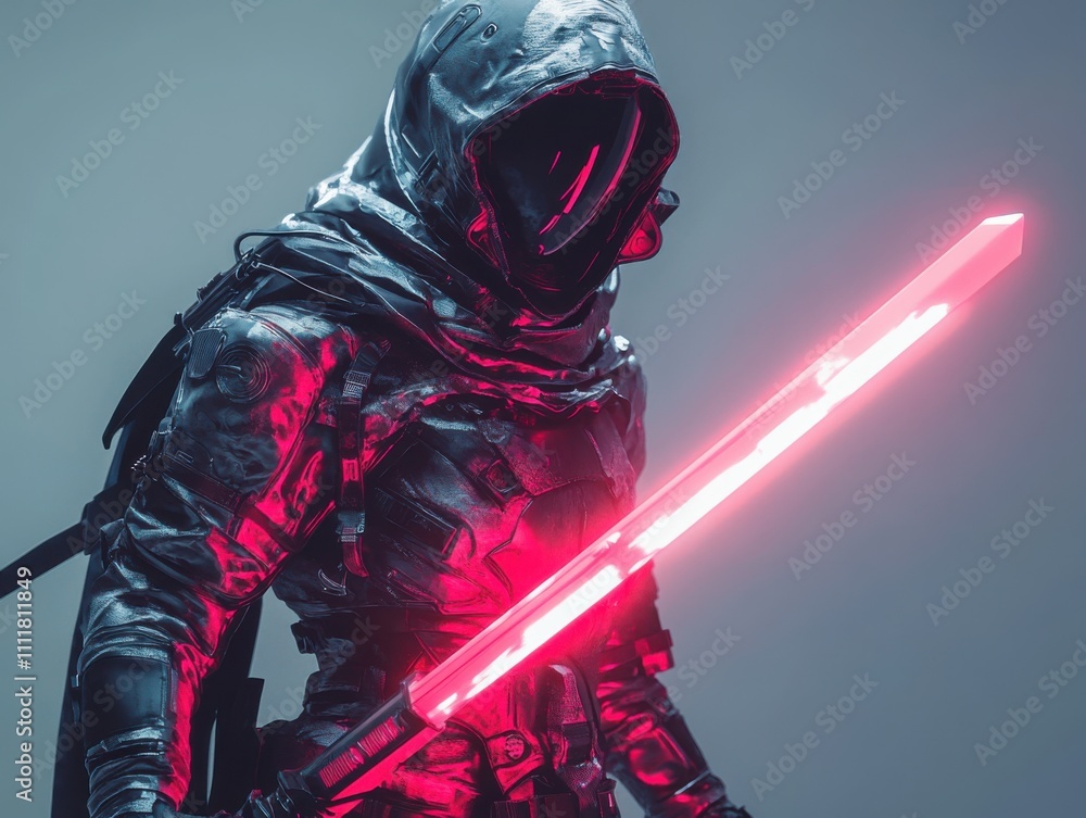 Futuristic warrior in sleek armor holding a glowing red energy sword ...
