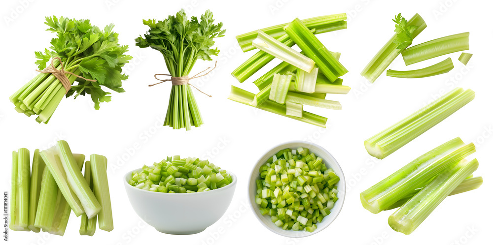 Celery celeries vegetable plant stem stalk, many angles view side top ...