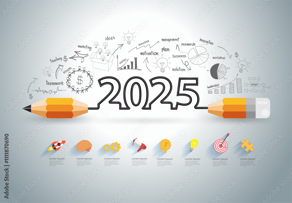 Vector illustration 2025 New year with creative pencil design on ...