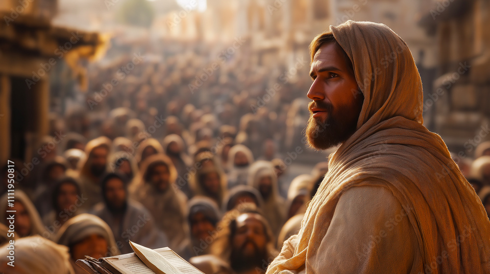 Jesus, sermon and crowd in temple with divine light for faith, teaching ...