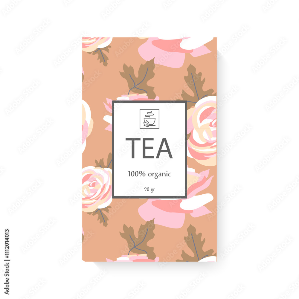 Colorful tea packaging design with floral elements and organic label ...