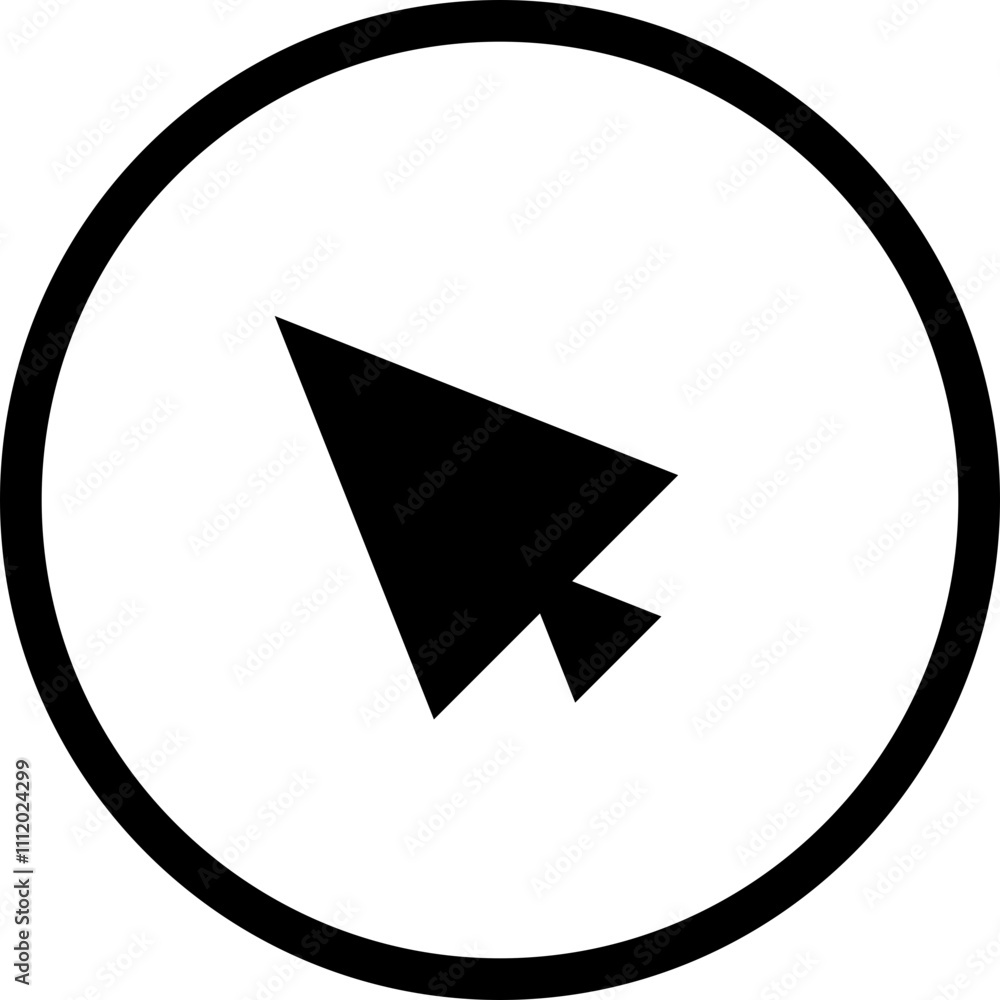 Black arrow cursor icon on a plain white background in a circular ...
