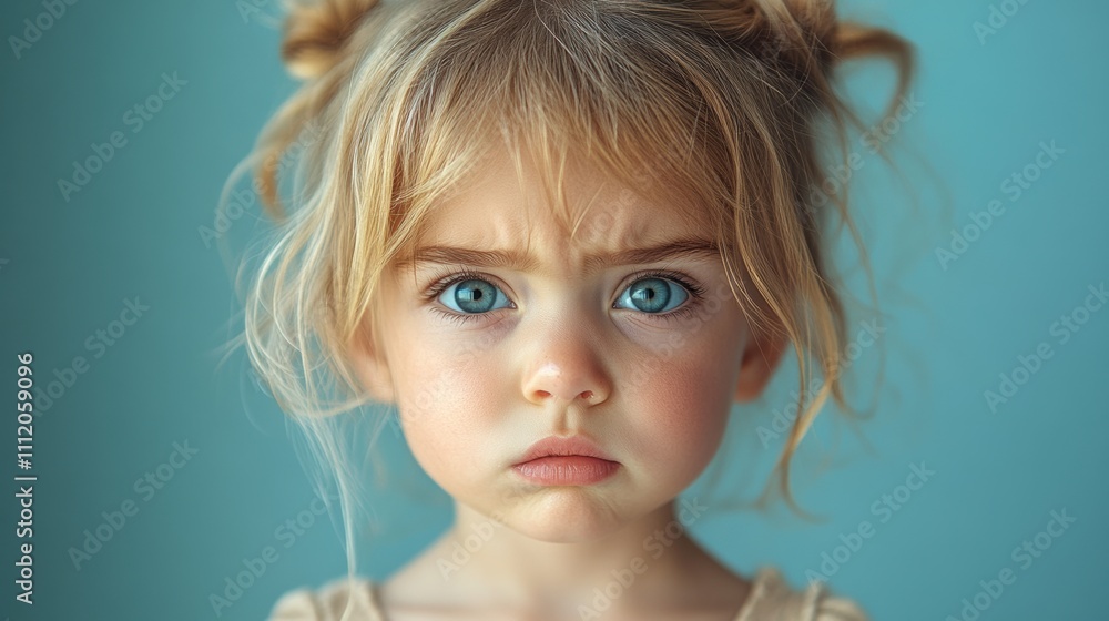 Portrait of sad little girl with blue eyes, tear-stained face, pigtails ...