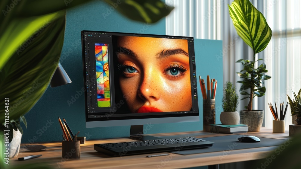 Vibrant graphic design project setup with open Adobe Photoshop, tools ...