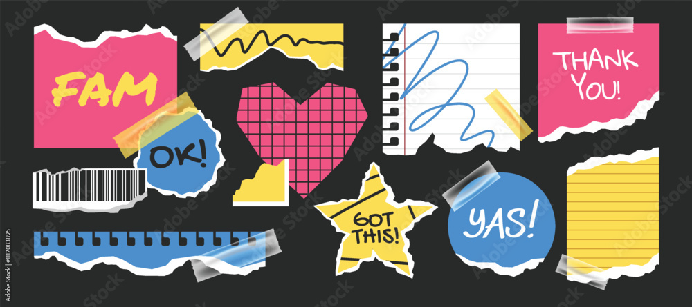 Tape paper torn wrinkles notebook, stickers, tags, labels template. Y2k ...