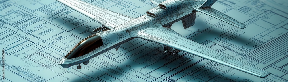 Concept art of a futuristic drone, combining detailed textures with 3D modeling blueprints ...