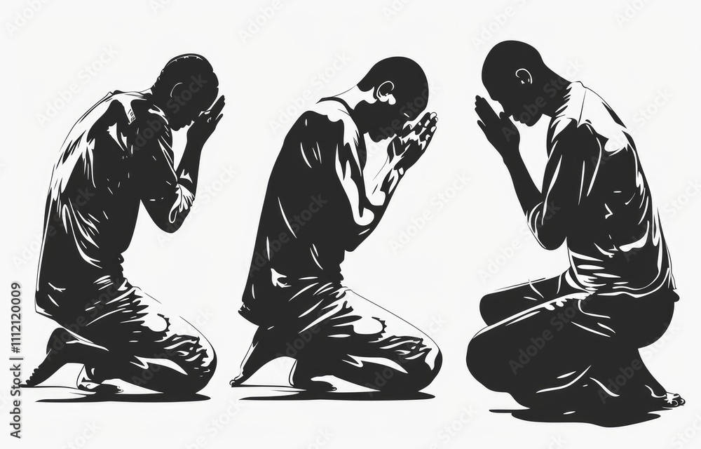 praying man vector icon set, hand drawn illustration of a male kneeling ...