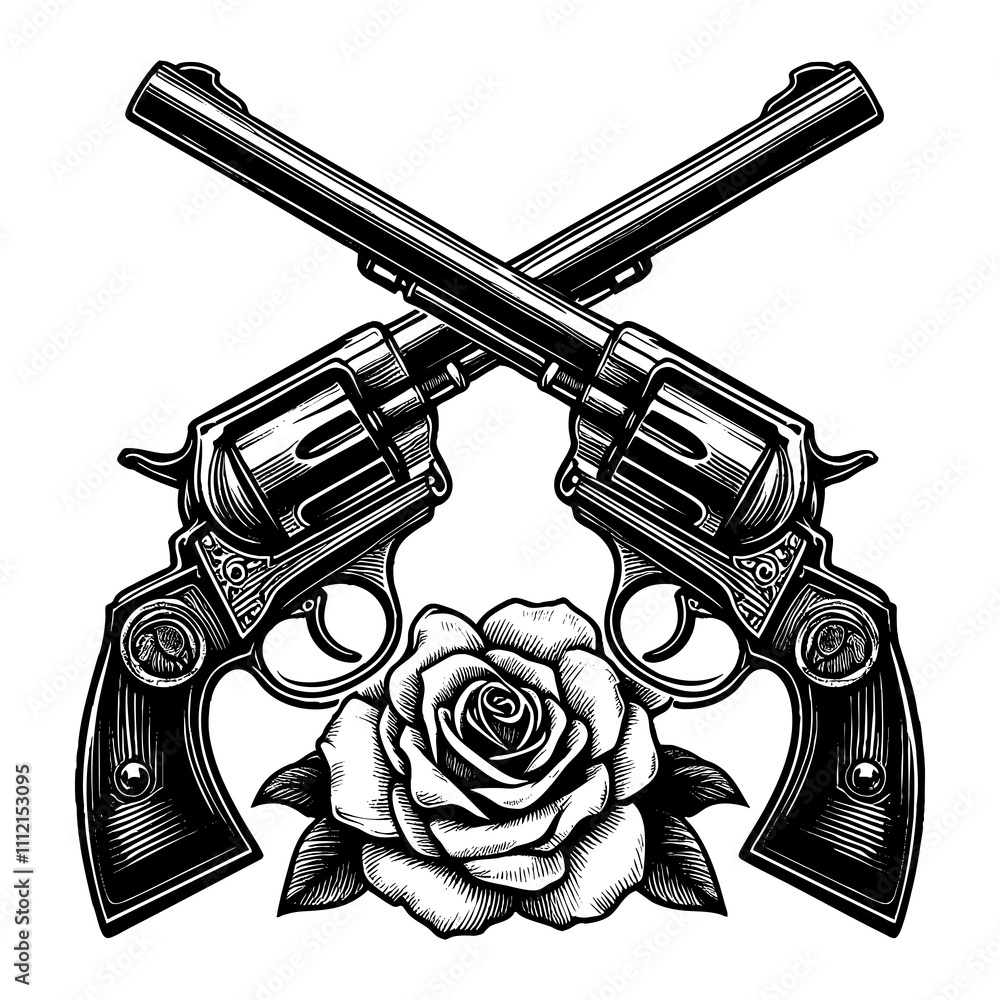 crossed revolvers with rose. Tattoo design blending classic weaponry ...