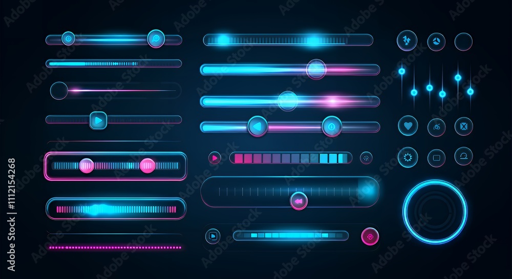 A glowing set of neon UI elements, such as sliders and buttons, in blue and pink. Transparent ...
