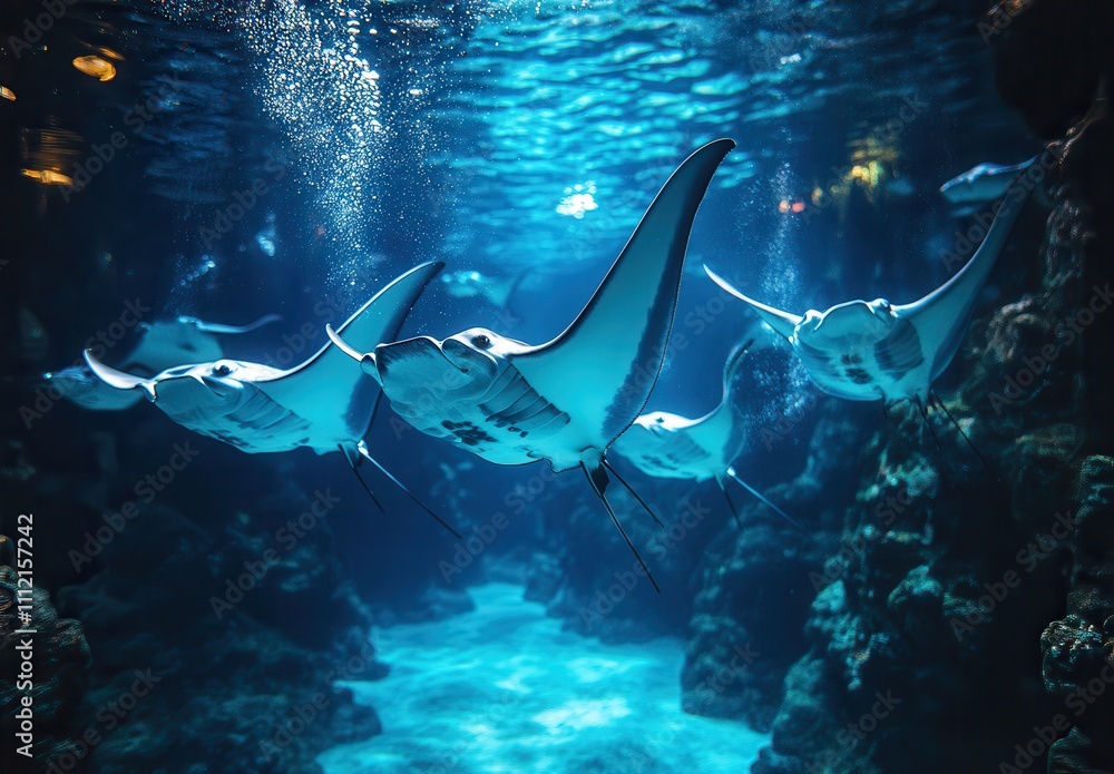 Graceful manta rays gliding through crystal clear ocean waters ...