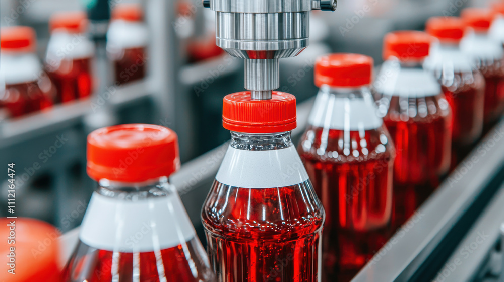 Food factory. A production line shows red beverage bottles being capped ...