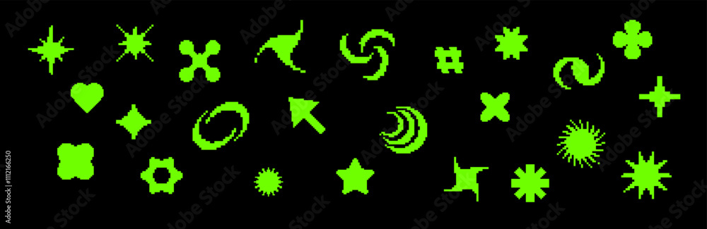 Pixelated Y2K element set with retro icons, including arrows, stars ...