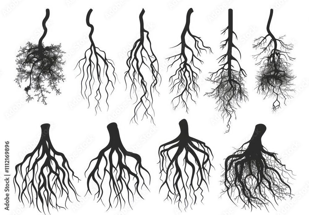 Set of root vector illustrations, a tree root system in black color on ...