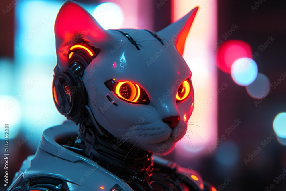 Robot cat with realistic body on blurred background. Cute robotic pet ...