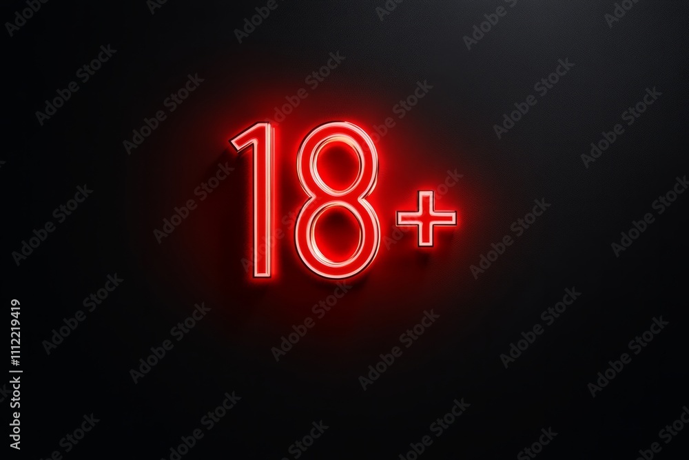 Red neon eighteen plus sign glowing on a dark textured background ...