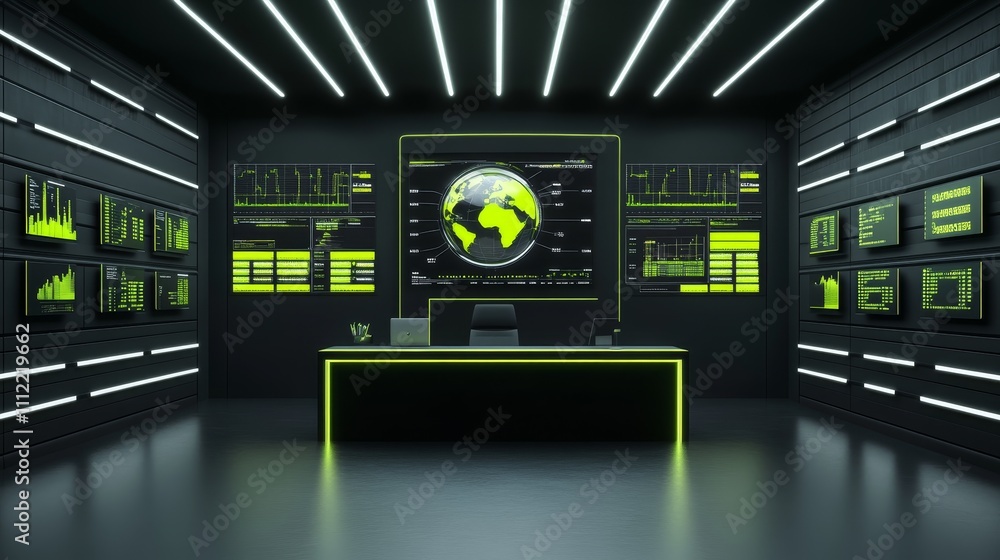 Futuristic newsroom setup with a matte-black desk, black and neon green ...