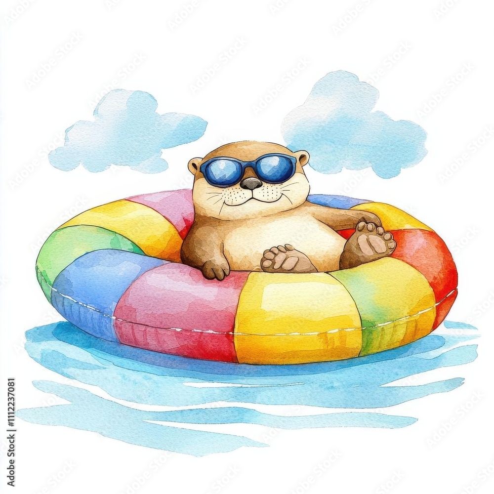 Watercolor illustration clipart of a cheerful otter wearing sunglasses ...