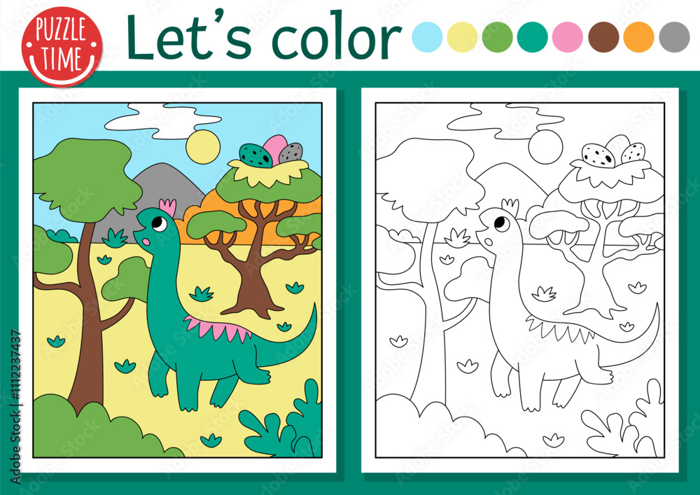 Dinosaur coloring page for children with brachiosaur. Vector outline ...