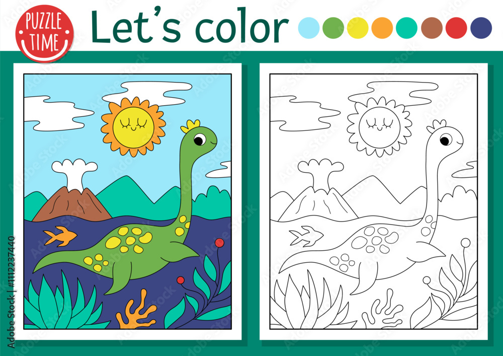Dinosaur coloring page for children with plesiosaur. Vector outline ...