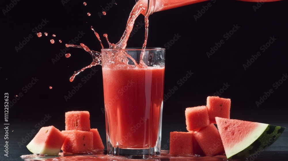 Dynamic close-up of watermelon juice pouring into a transparent glass ...