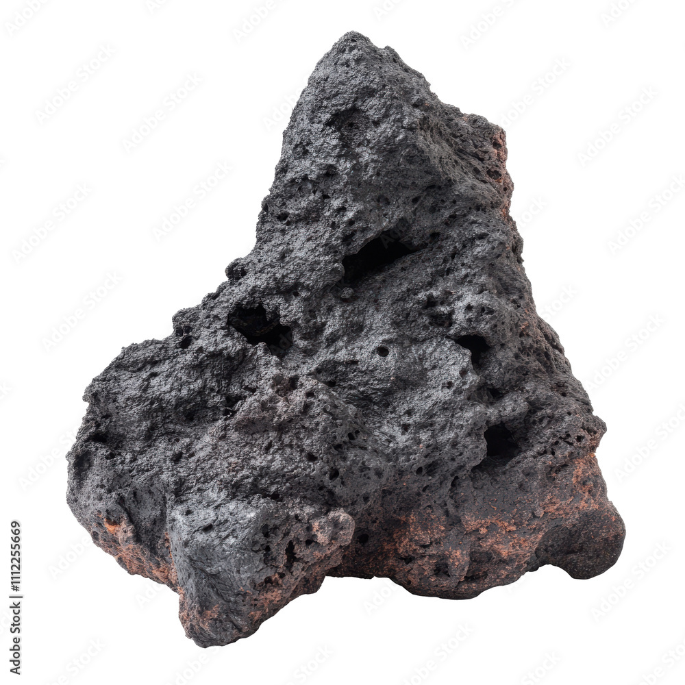 Isolated PNG of a textured black volcanic rock, featuring rough ...
