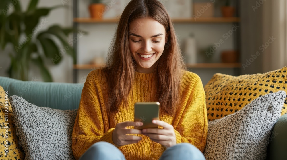 Smiling relaxed young woman sitting on couch using cell phone technology, happy lady holding ...
