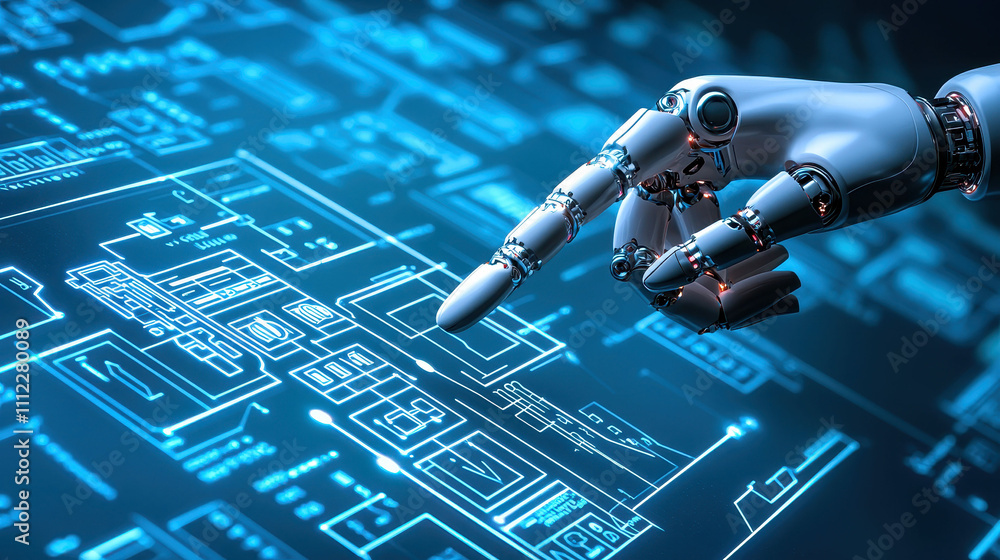 Automated AI for decision-making, A robotic arm pointing to a flowchart ...