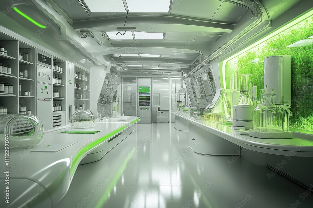 Futuristic lab with green accents; sleek design. Illustrates scientific ...
