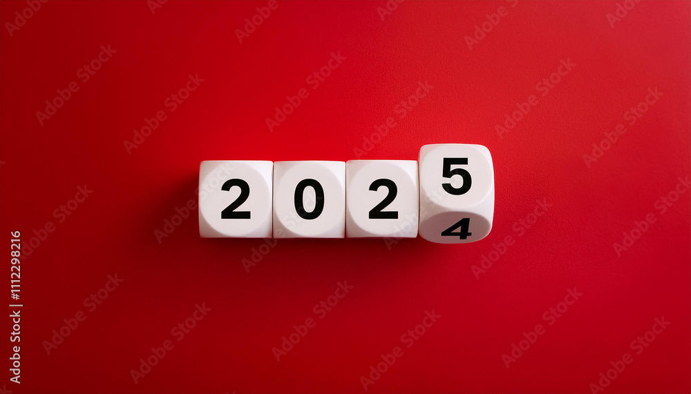2025 number on on white dice cubes. Flipping 2024 to 2025 year. Change ...