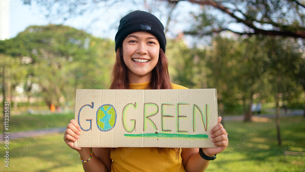 Go green Gen Z woman asia young people smile looking at camera showing ...