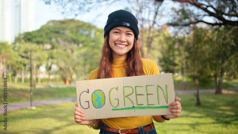 Go green Gen Z woman asia young people smile looking at camera showing ...