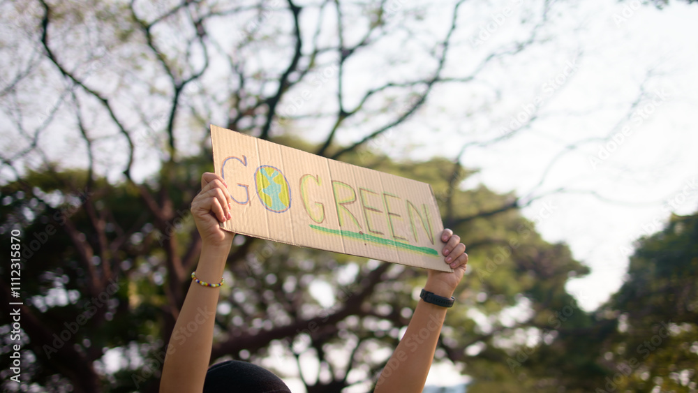 Go green people young woman hand raised showing save the earth planet ...