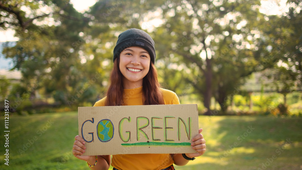 Go green Gen Z woman asia young people smile looking at camera showing ...
