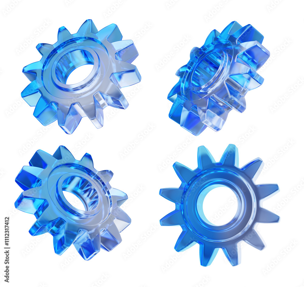 Four transparent blue gear wheels, isolated on white background ...