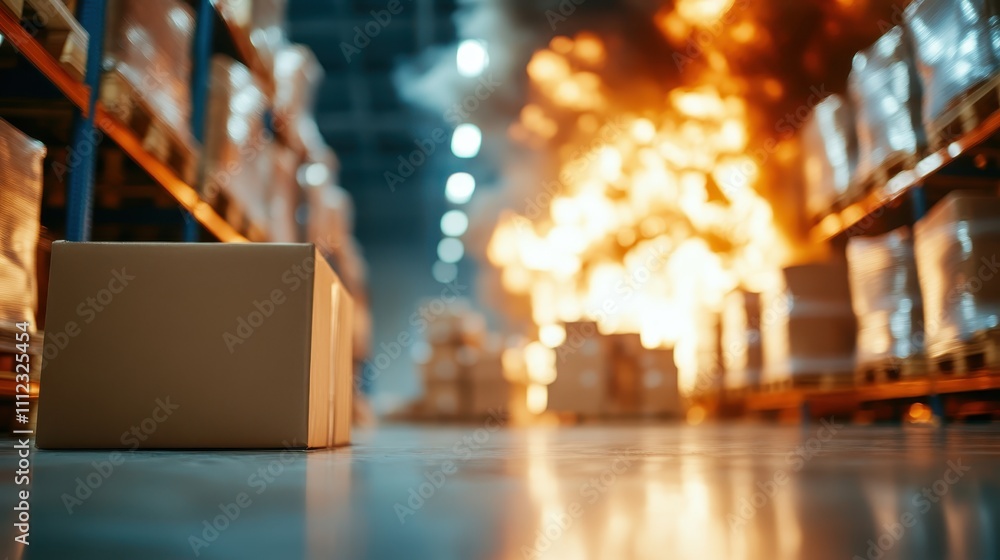 A warehouse filled with inventory boxes is ablaze, with flames reaching ...